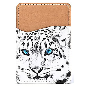 DistinctInk Adhesive Phone Wallet / Card Holder – Universal Vegan Leather Credit Card ID Adhesive Sleeve, Travel Light with Essential Items - Snow Leopard Blue Eyes