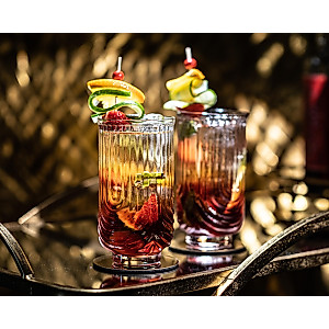 Vintage Art Deco Highball Gatsby Cocktail Glasses | Set of 4 | 14 oz Double HiBall Glassware for Drinking Mojito, Gin Rickey, Whiskey Highball, Classic Long Bar Drinks | Large Tall Tumblers