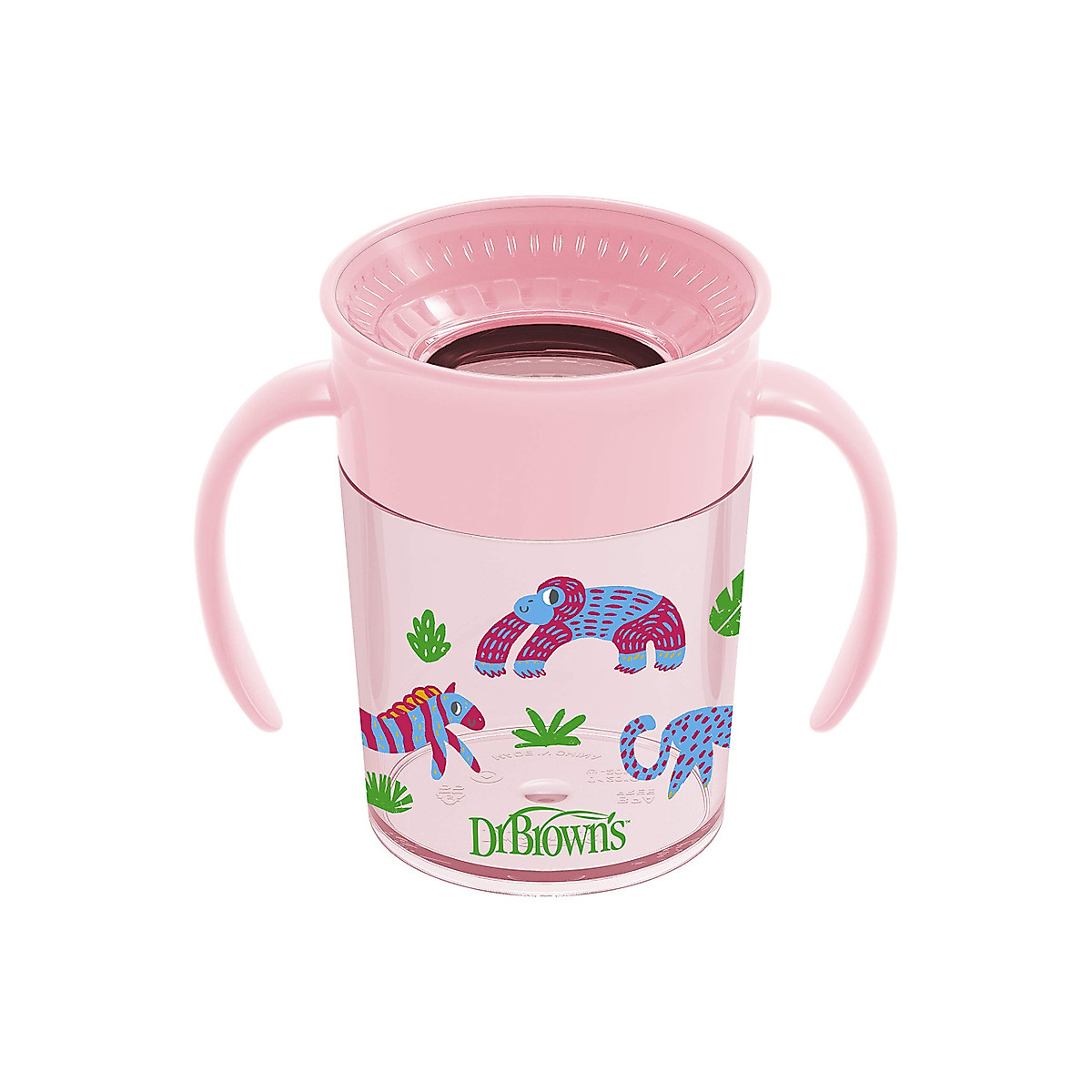 Dr. Brown's Milestones Cheers 360 Cup Spoutless Transition Cup with Handles for Easy Grip and Leak-Free Learning, Pink Safari, 7 oz/200 mL