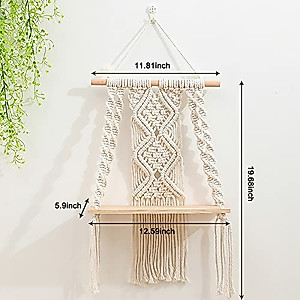 JERZO Macrame Hanging Wall Shelves, Boho Decor, Swing Rope Floating Shelf, Rustic Wood Storage Shelf for Bedroom Bathroom Living Room Nursery Dorm Room, Décor Plant Display