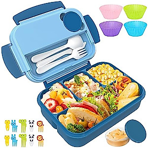 Bento Box, Lunch Box Kids, Bento Lunch Box for Kids/Toddler/Adults, 1300ML-4 Compartment Bento Box Adult Lunch Box w/Food Picks Cake Cups, Built-in Utensil Set, Leak-Proof, Food-Safe Materials(Blue)
