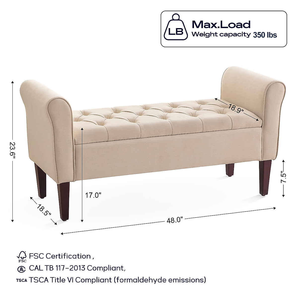HUIMO 48" Arm Storage Ottoman with 7.5-inch Solid Wood Legs, Storage Bench, Upholstered Window Sitting Bench for Bedroom,End of Bed Bench Indoor, Livingroom, Entryway,Tan