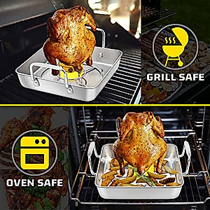 Small Roasting Pan with Beer Can Chicken Holder Set, E-far Stainless Steel Vertical Chicken Roasting Stand Rack with 9 Inch Square Drip Pan for Oven BBQ Grill Smoker, Heavy Duty & Dishwasher Safe