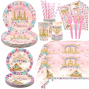 Princess Birthday Party Decorations Serves 20 Guests, Including Dinner Plates, Dessert Plates, Cups, Napkins, Forks, Tablecloth, Straws, for Girls Princess Birthday Baby Shower Party Decorations