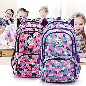 School Backpack for Boys And Girls,Middle School Elementary Bookbag,Geometric, Space、Leaf or Galaxy Print Backpack (Purple)