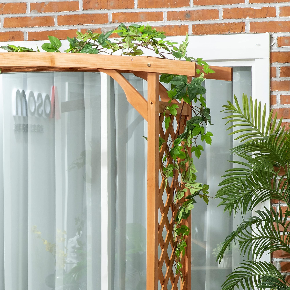 Outsunny Patio Garden Bench Arbor Arch with Pergola and 2 Trellises, 3 Seat Natural Wooden Outdoor Bench for Grape Vines & Climbing Plants, Backyard Decor, Brown