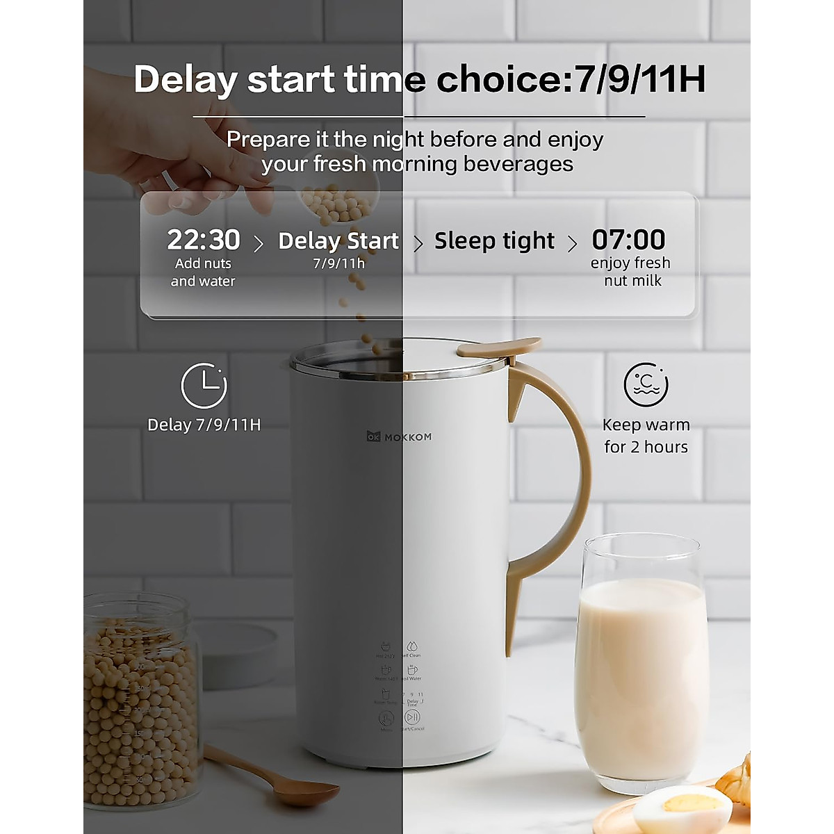MOKKOM Nut Milk Maker, Automatic Almond Milk Machine for Homemade Plant-Based Milk, Oats, Soy, Dairy Free Beverages, 20 oz Soy Milk Maker with Delay Start/Keep Warm/Self-Clean/Boiling, Pearl White