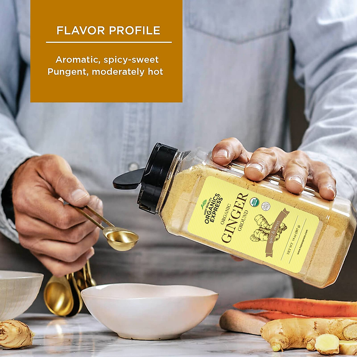 HQOExpress Organic Ground Ginger – Non GMO, Kosher, USDA Certified Organic Ginger Powder – Hot and Spicy Aromatic Seasoning for Baking, Rubs, Marinades and Smoothies, 14 oz. Chef Jar