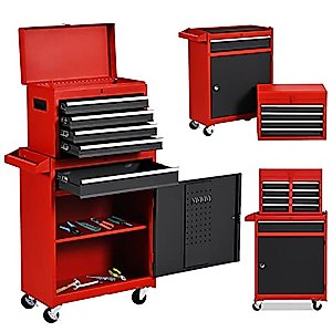 Goplus Rolling Tool Chest, 5-Drawer Tool Box Organizer w/Lockable Wheels & Sliding Drawers & Detachable Top & Adjustable Shelf, Tool Storage Cabinet for Garage Workshop (Red+Black)