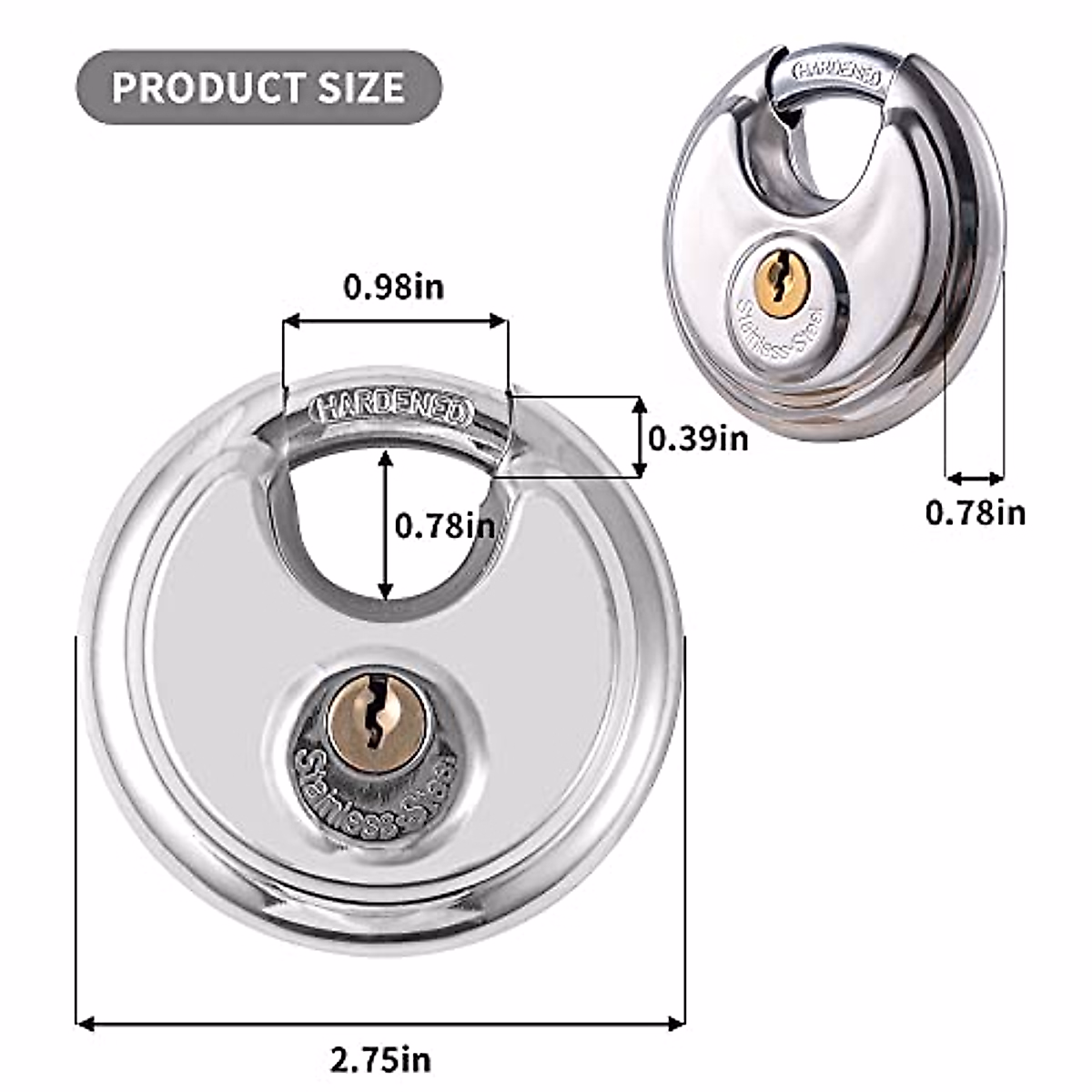 HonesaLoc Disc Padlock Outdoor, 2 Pack Heavy Duty Stainless Steel Discus Padlock, Waterproof Combo Gate Lock with Key for Storage Locker, Garages Warehouse, Sheds and Fence