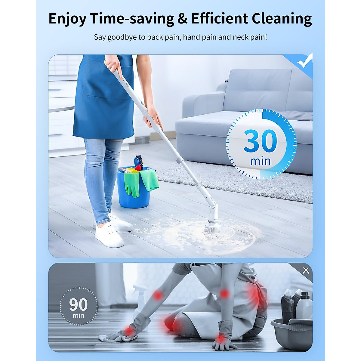 Electric Spin Scrubber, 1000RPM Cordless Extension Shower Cleaning Brush, 4 Replaceable Heads, DS-268B Electric Power Scrubber 49-inch Handheld Cleaner for Bathroom, Toilet, Tile Floors and Tub