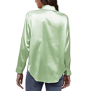 Avanova Women's Long Sleeve Satin Blouse Top Casual V Neck Button Down Work Shirt Light Green Large
