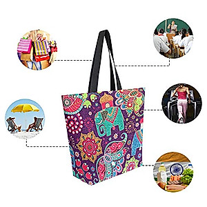 ALAZA Large Canvas Tote Bag Cute Indian Floral Elephant Shopping Shoulder Handbag with Small Zippered Pocket