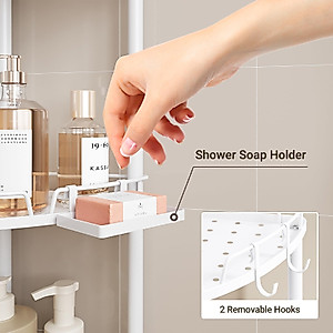 ELYKEN Corner Shower Caddy Standing, 3 Tier Rustproof Metal Shower Organizer with Soap Holder, Floor Shower Corner Shelf Rack Storage Stands with Adjustable Feet & 2 Hooks for Bathroom, White