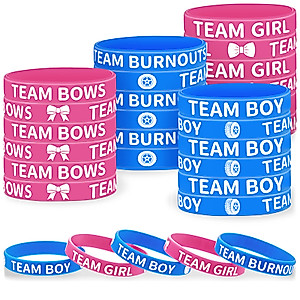 48 Pcs Burnouts or Bows Gender Reveal Silicone Wristbands Team Boy Team Girl Bracelets Gender Reveal Bracelets for Baby Shower Gender Reveal Party Favors, Blue and Pink