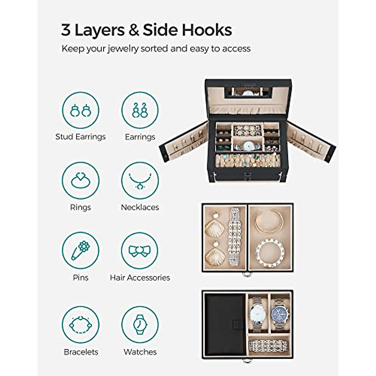 SONGMICS Jewelry Box 3 Layers, Jewelry Organizer with 2 Drawers, Jewelry Case with Portable Travel Case, with Handle, Lockable, Jewelry Storage, Gift for Loved ones, Black UJBC121B