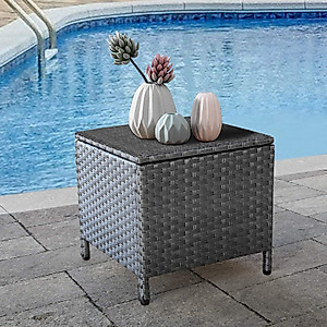 Valita Careland Outdoor PE Wicker Side Table with Storage Patio Resin Rattan End Table Square Container for Furniture Covers, Toys and Gardening Tools Grey