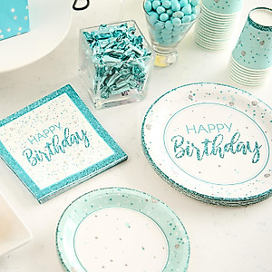 Royal Bluebonnet Teal and Silver Birthday Plates - Set of 24-9 and 7 inch Plates, Napkins, and Cups Party Supplies, Sturdy 400 GSM Weighted Teal Birthday Decorations for Women, Kids, and Tweens