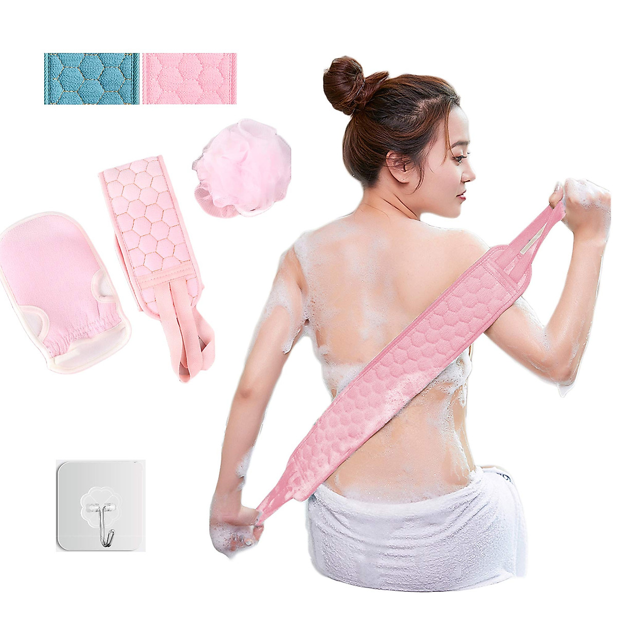 Exfoliating Body Scrubber Shower Set - 3PCs, Back Scrubber, Sponge Pad & Loofah Mesh Bath Pouf, for Men Women Shower Bath, Sensitive, Delicate, Dry Skin. Reusable. (Pink)