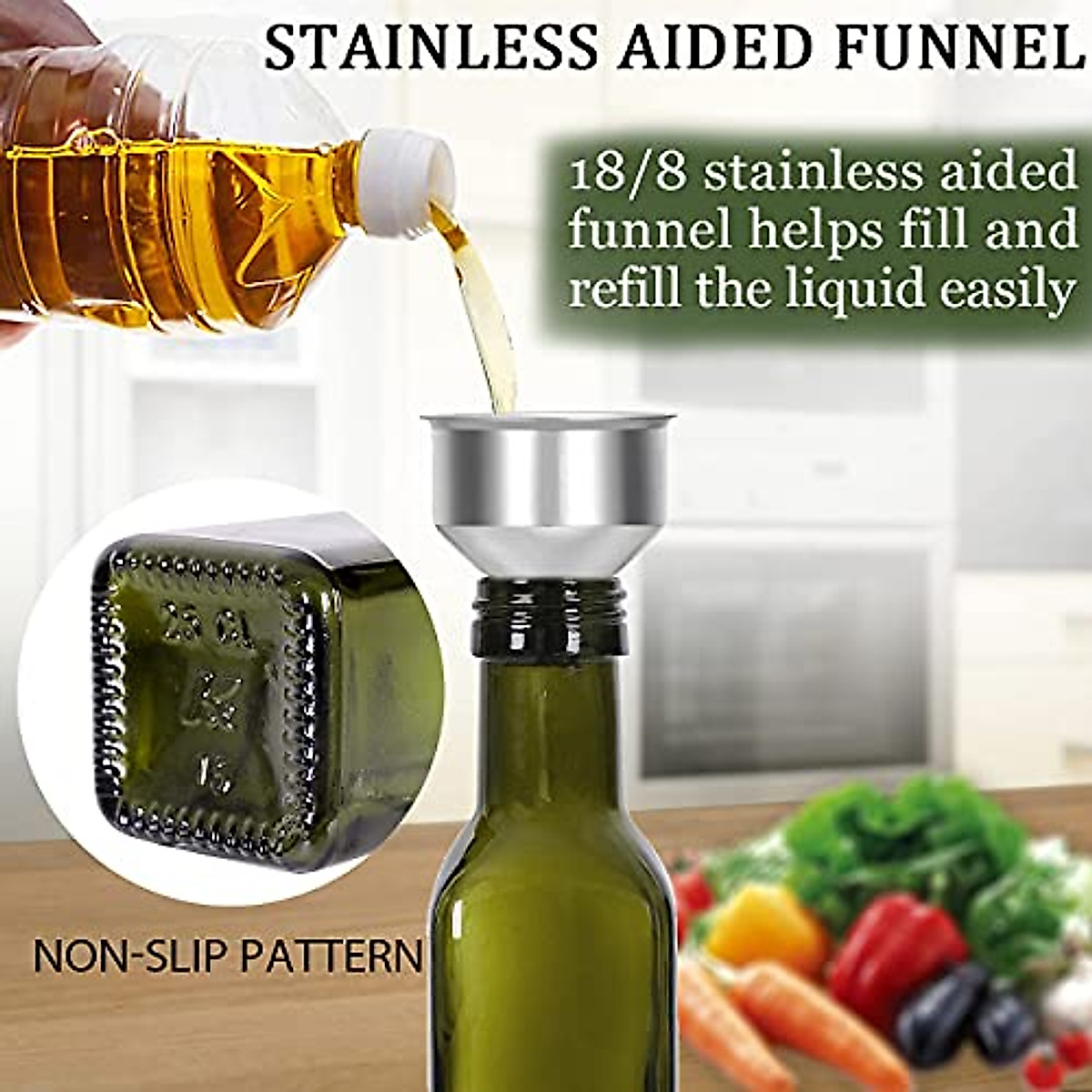 Gusnilo Olive Oil Dispenser, Oil Vinegar Cruet, Square Tall Glass Bottle W/Stainless Steel Pourer Spout SET OF 2-8 Oz(Ounce)