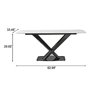 Marble Top Dining Table for 4-6, 63" Metal Frame Furniture Kitchen Table with Sintered Stone Tabletop and X-Base, Modern Mid-Century Dining Table(1 Pc Table(Black))