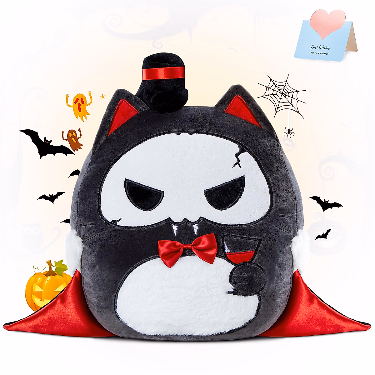 Athoinsu Halloween 2024 Vampire Cat Soft Plush Pillow Toy Crazy Kitty Stuffed Animal Spooky for Kids Nightmare Before Christmas Party Decorations, 12"