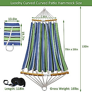 Lxoohy Portable Patio Double Hammock with Travel Bag, 2 Person Outdoor Hammock with Foldable and Curved Spreader Bar, D Rings and Tree Straps for Camping, Picnic, Backyard, Green Blue