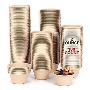 Gere Disposable Testing Cup Bowls,100 Pack, 2 oz, Natural Biodegradable Bagasse Fiber Souffle Cups, Condiment Cups, Sample Cups, Measuring Cups,