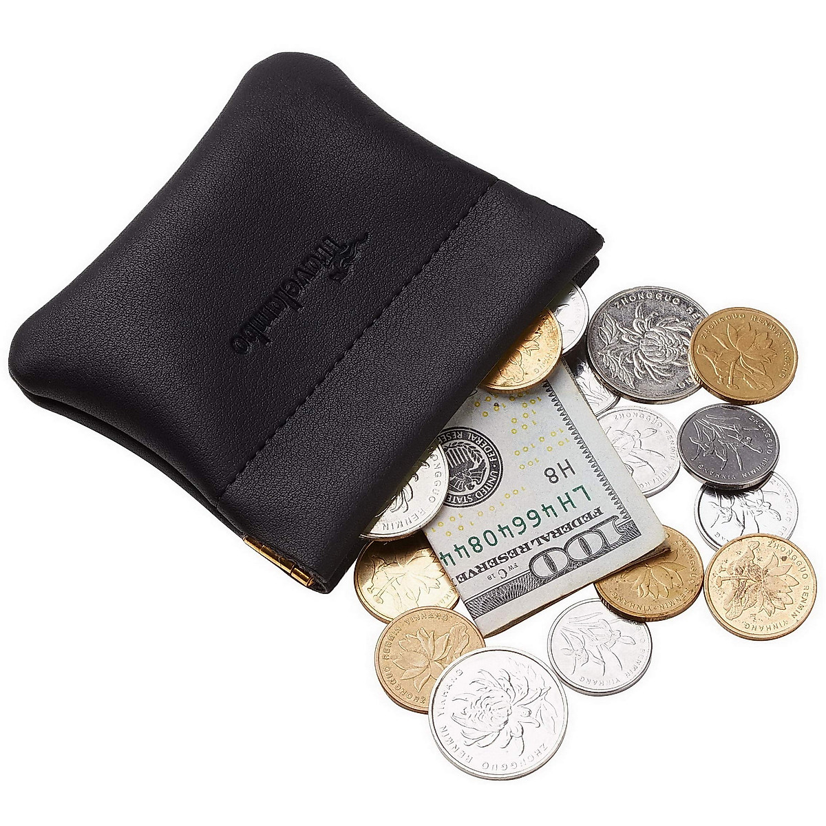 Travelambo Leather Squeeze Coin Purse Pouch Change Holder For Men & Women 2 pcs set (Black)