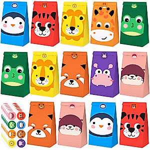 JOHOUSE 54PCS Party Favor Bags, Farm Animal Party Favors, Goodie Bags Treat Bags Paper Gift Bags with Stickers 4.7" x 3.1" x 8.7" Party Bags For Kids Birthday Party Supplies