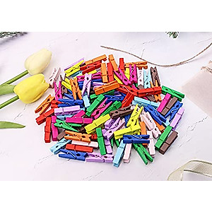 Penta Angel 120PCS Mini Bright Colored Spring Natural Wooden Clothespins Photo Paper Peg Pin Craft Clips with Twine