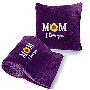 Birthday Gifts for Mom, Mom Birthday Gifts, Mother's Day Mom Gifts from Daughter, Valentines Day Gifts for Mom, Pillow Blanket 2 in 1, I Love You Mom Soft Sunflower Pillow Blanket 80"x60" (Purple)