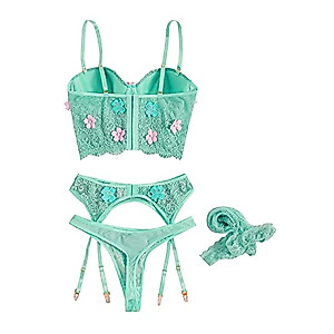 WDIRARA Women's Floral Lace Embroidered Push Up Garter Lingerie Set with Stockings Green L