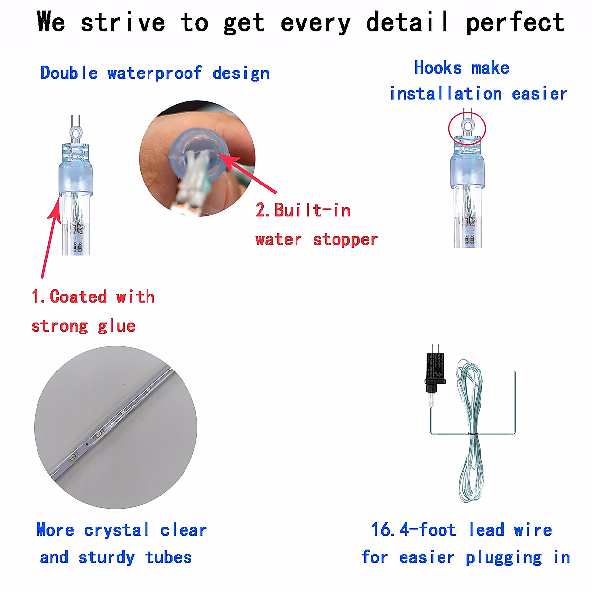 Kwaiffeo Christmas Lights Outdoor, 24 Tubes(Equivalent to 3 Sets of 8-Tubes) Meteor Shower Lights Snow Falling Icicle Lights for Xmas Tree Halloween Decoration Wedding Party Window, UL Plug, White