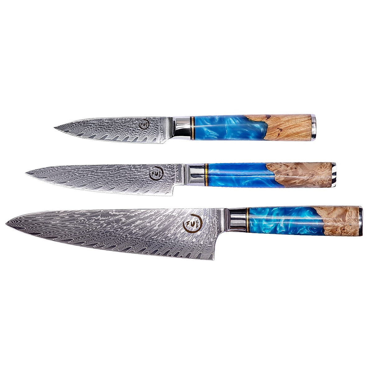 Fukep Chef Knife Set, Kitchen Knife Set of 3, Damascus VG10 Steel, Blue Handle Series