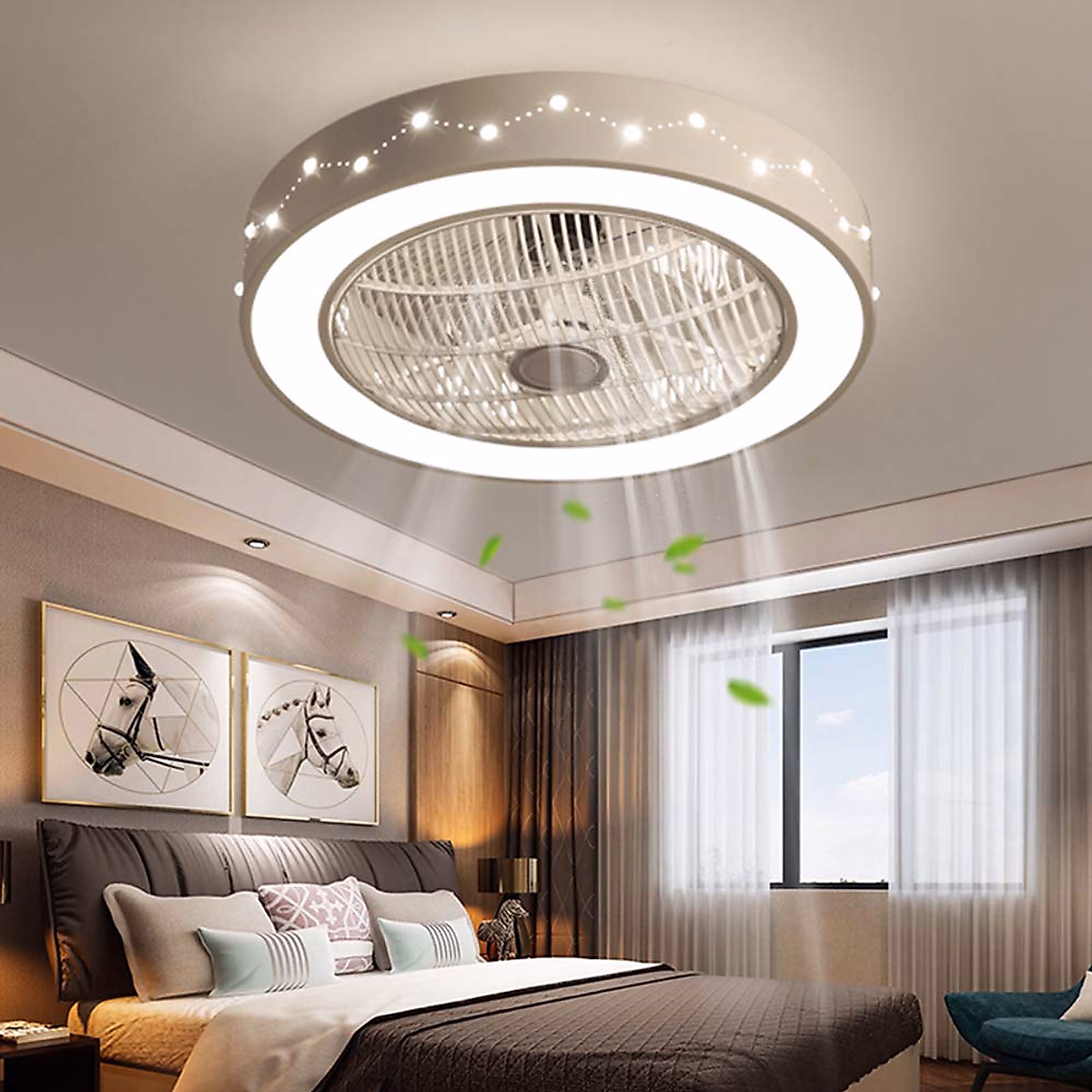 21.6" Ceiling Fan with Lights, Enclosed Round LED Ceiling Lighting Fan w/Invisible Blades,Semi Flush Mount Low Profile Fan W/Remote Control for Bedroom Living Room Children's Room (Constellation)