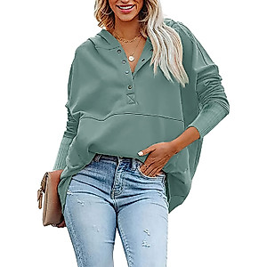 PRETTYGARDEN Loose Casual Button V Neck Hoodies for Women Long Sleeve Oversized Pullover Sweatshirt Hooded Tops Fall with Pockets (Bean Green,Large)