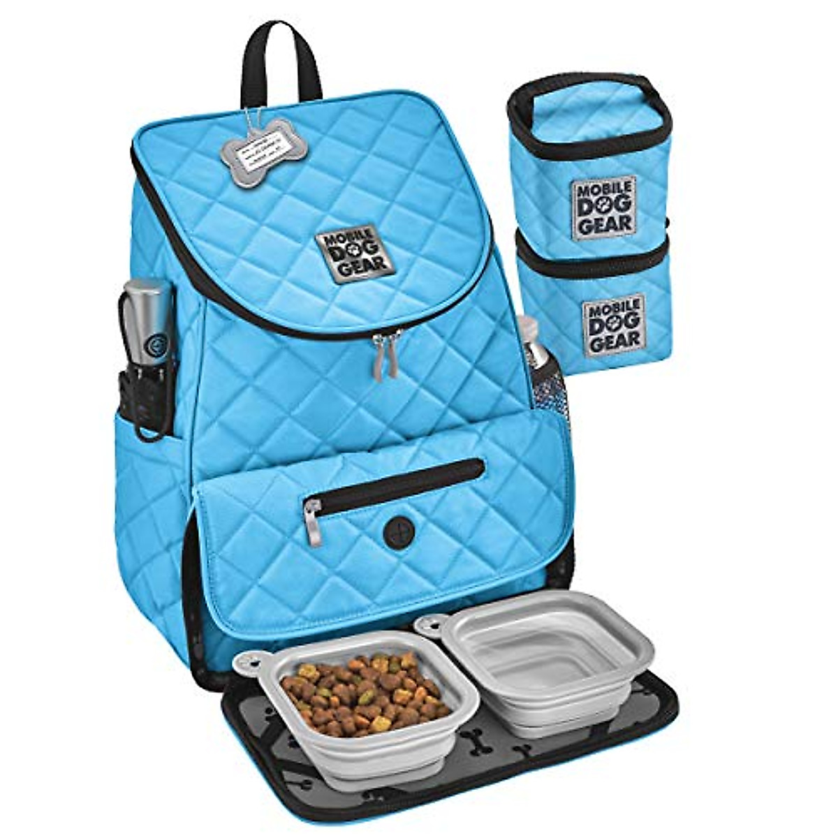 Mobile Dog Gear, Dog Travel Bag, Deluxe Quilted Weekender Backpack, Includes Lined Food Carriers and 2 Collapsible Dog Bowl, Light Blue