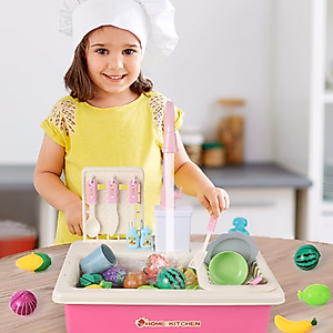 deAO Kitchen Toy Sink Toys with Cutting Food,Electric Dishwasher Playing Toy with Running Water, Role Playing Game Pretend Food,44 PCS Kitchen Accessories Set for 3 4 5 Years Old Girls Boys