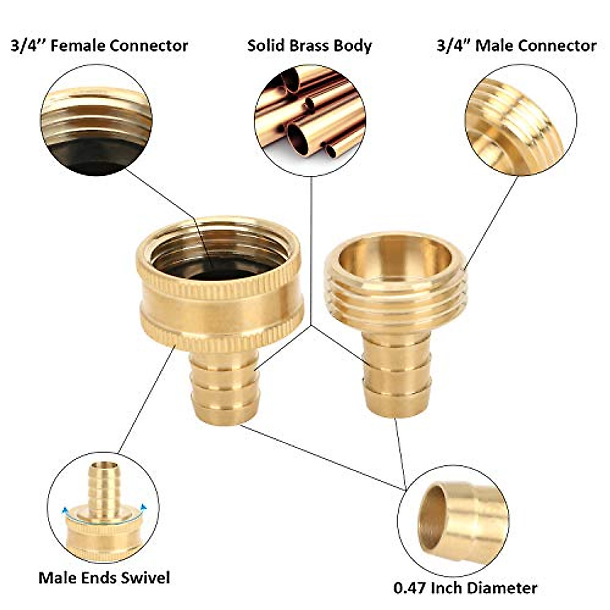 STYDDI Garden Hose Repair Kit, Solid Brass Water Hose Mender Female and Male Hose Connector with Clamps, Fit Standard 1/2" Rubber Garden Hose, 4 Set