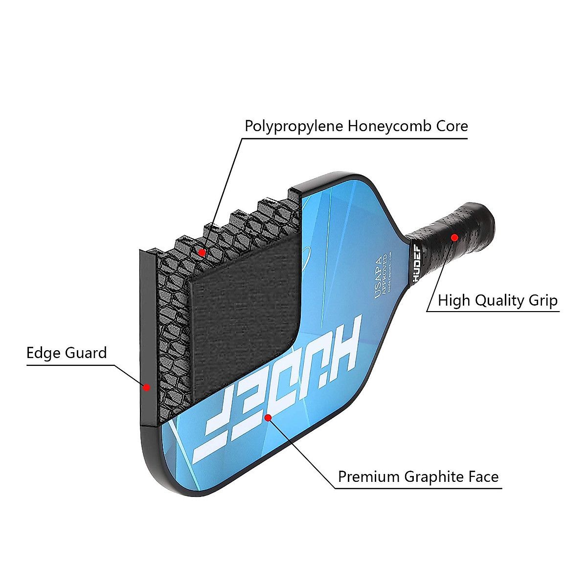 HUDEF HB 2.0 Blue+Red Pickleball Paddles, Lightweight Graphite Carbon Fiber Face Racquet Rackets Elongated Racket,Honeycomb Core,Cushion Comfort Grip USAPA Approved