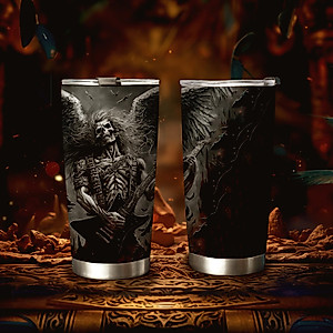 20oz Metal Rock Skull Reaper Electric Guitar Tumbler, Guitarist, Musician Gifts, Coffee Thermos for Men, Stainless Steel Double Wall Vacuum Insulated Coffee Mug, Travel Cup with Lid