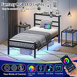 REVOMINCA Twin Bed Frame with Charging Station, Metal Platform Bed Frame with LED Lights, Storage Headboard, Heavy Duty Steel Slats, No Noise, Easy Assembly