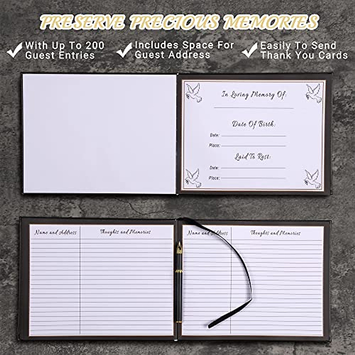 Funeral Guest Book for Memorial Service | 10.2 x 7.8" | Set of 82 Pages Book with Signing Pen, Table Card, Gold Stamped Black PU Leather Covering | Sign in Book for Funeral Guest Registry