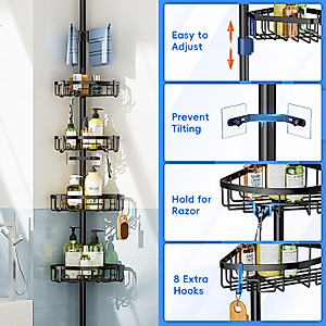 Coonoor Corner Shower Caddy Tension Pole - 62-115 INCH - 4-Tier Rustproof Bathroom Organizer Shelves, Adjustable Bathtub Tub Shampoo Storage