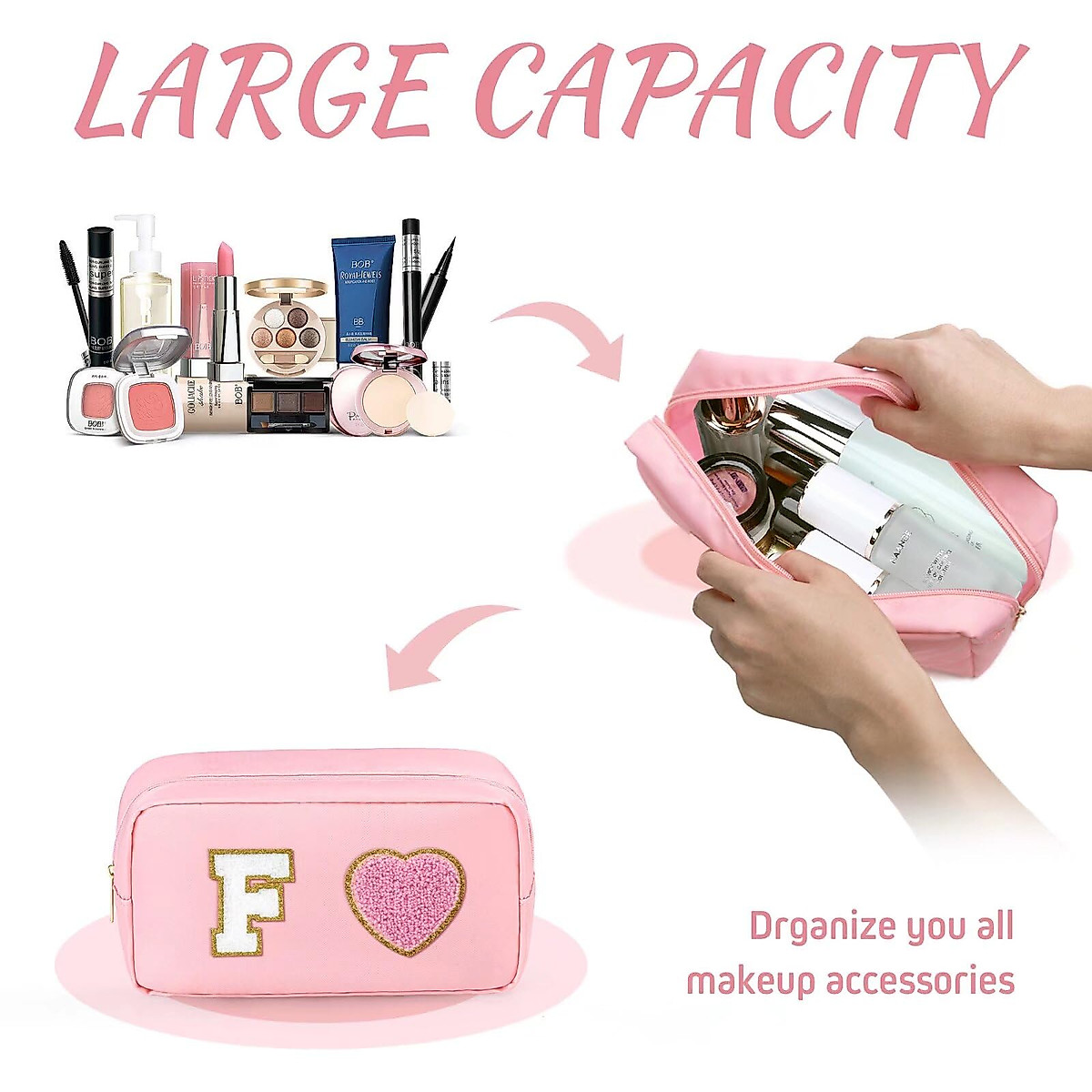 TOPEAST A-Z Personalized Makeup Bag, Chenille Letters Cosmetic Toiletry Bag | Nylon Cosmetic Pouch Bag | Portable Waterproof Travel Organizer Initial Preppy Makeup Pouch Teen Girl Gifts, Letter C