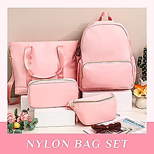 Kacctyen 4 Pieces School Backpacks Set Preppy School Book Bag Nylon Pouch Makeup Bag with Travel Tote Bag Solid Color Fanny Bag Back School Supplies for Student Teens Girls (Pink)