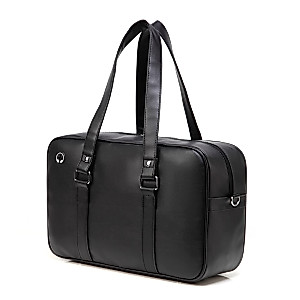 Chillpaper Large Japanese Shoulder Bag,Faux Leather Tote Messenger Crossbody Bookbag with Pink Pompom Stripe Strap (A3 Big Size, Black)