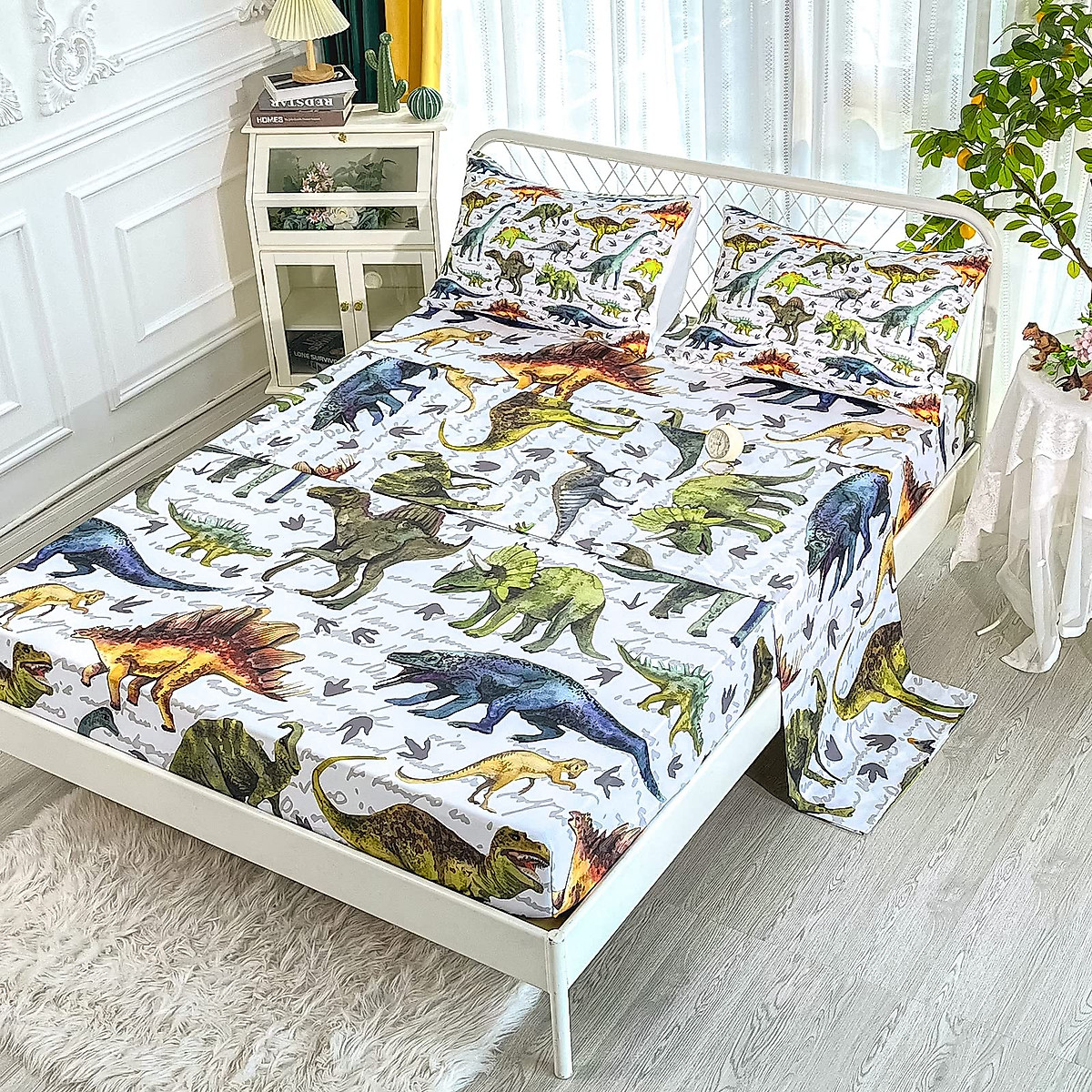 BailiPromise Dinosaur 4 Piece Kids Sheets Queen Size,Jurassic Dinosaur Bedding Sheet Set,Boys Printed Flat Sheet Fitted Sheet with 16" Deep Pocket,100% Microfiber Ultra Soft and Skin Friendly