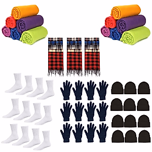 60 Piece Homeless Care Package Supplies - Bulk Case of Glove Pairs, Socks, Winter Fleece Throw Blankets, Beanies and Scarves